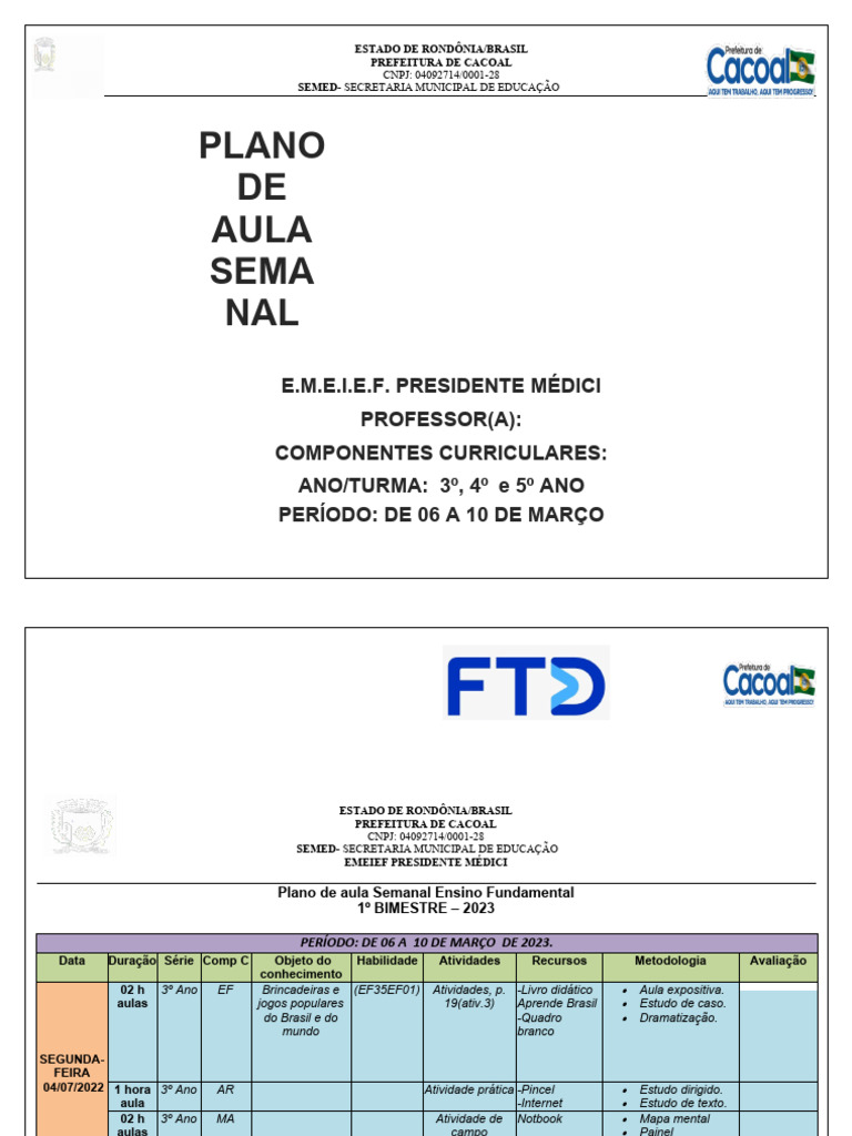 PLANO DE AULA ENS FUND (Prof MAIS DE 1 COMP CURRICULAR) | PDF