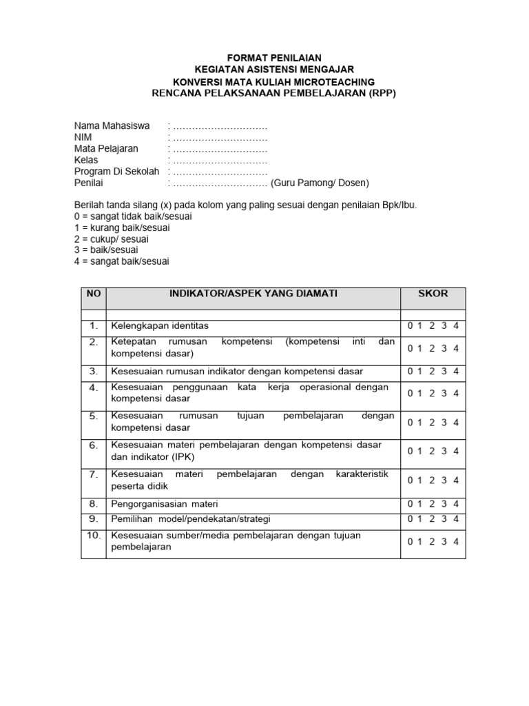 Format Penilaian MK Microteaching | PDF