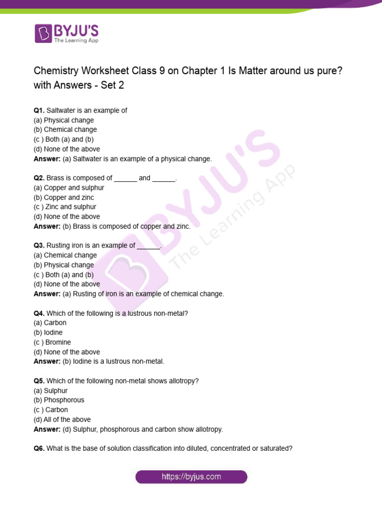 Chemistry Worksheet Class 9 On Chapter 1 Is Matter Around Us Pure With ...