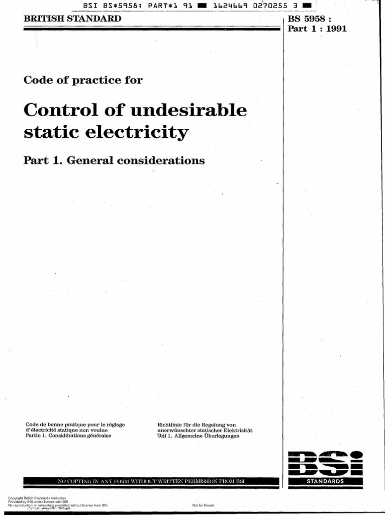 BS 5958-1 | PDF | Electrostatic Discharge | Electrical Resistivity And Conductivity