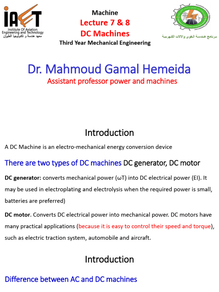 Lecture 7 DC Machines | PDF | Electromagnetic Induction | Electric Motor