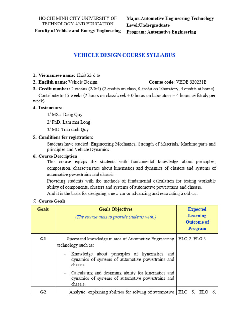 2 - Syllabus - Vehicle Design - VEDE320231E | PDF | Axle | Engineering