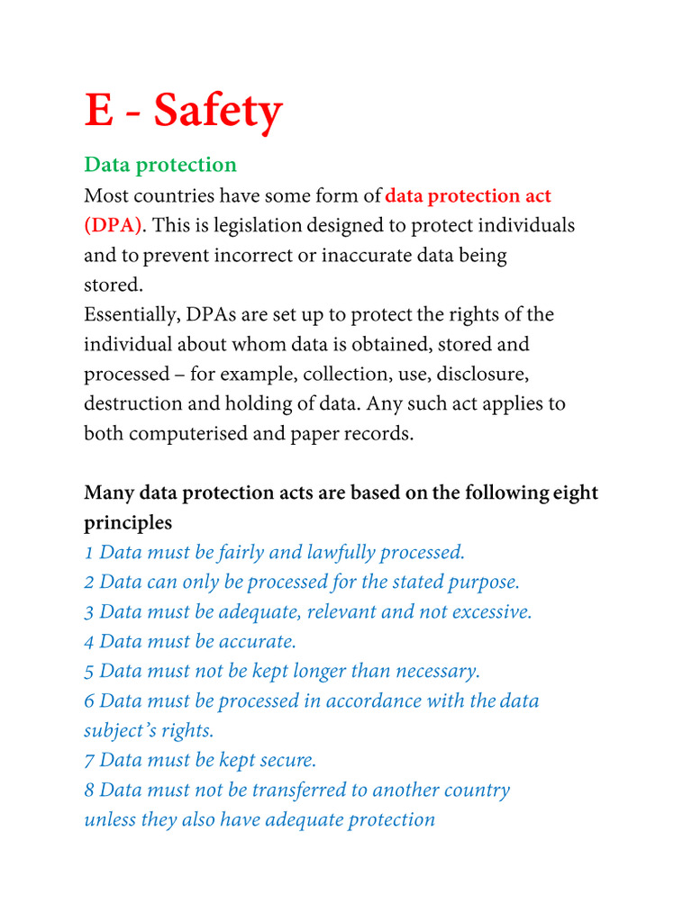 WEEK 2b - Safety and Security - E-SAFETY (Data Protection) | PDF