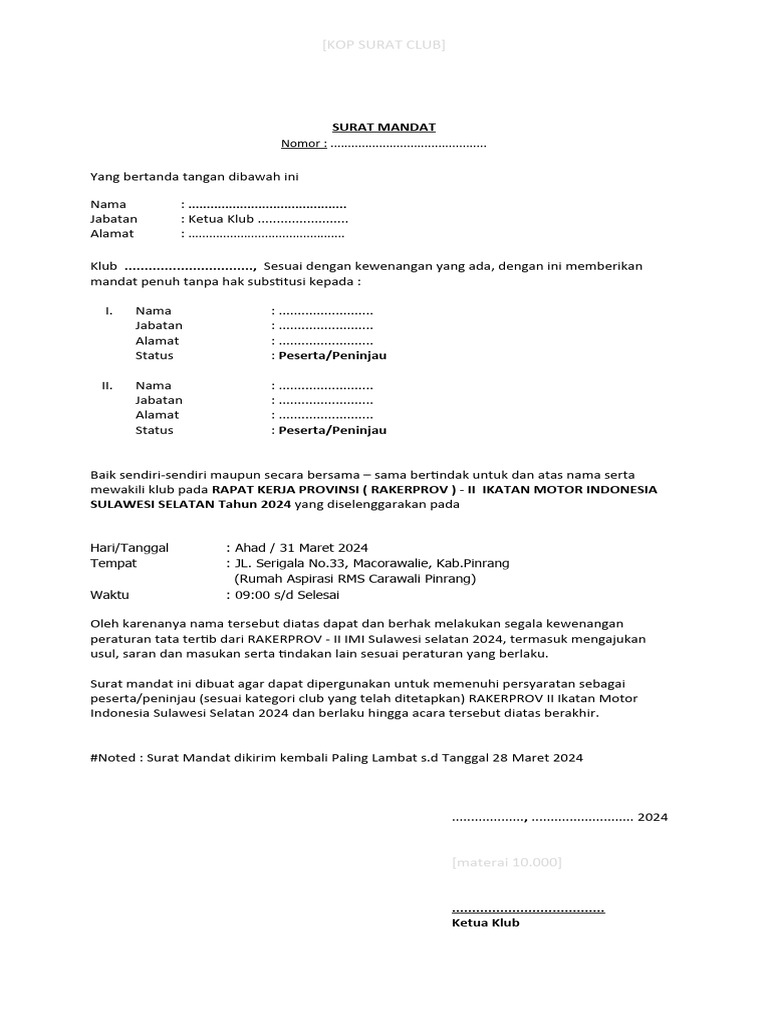 Contoh Surat Mandat Club | PDF