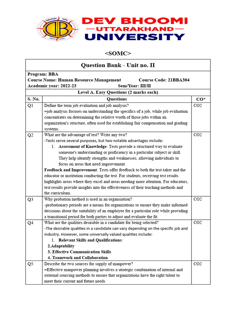 HRM Question Bank for BBA 3rd Sem | PDF | Performance Appraisal ...