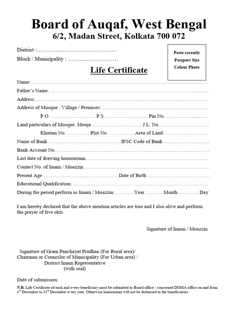 Life Certificate Form in English | PDF