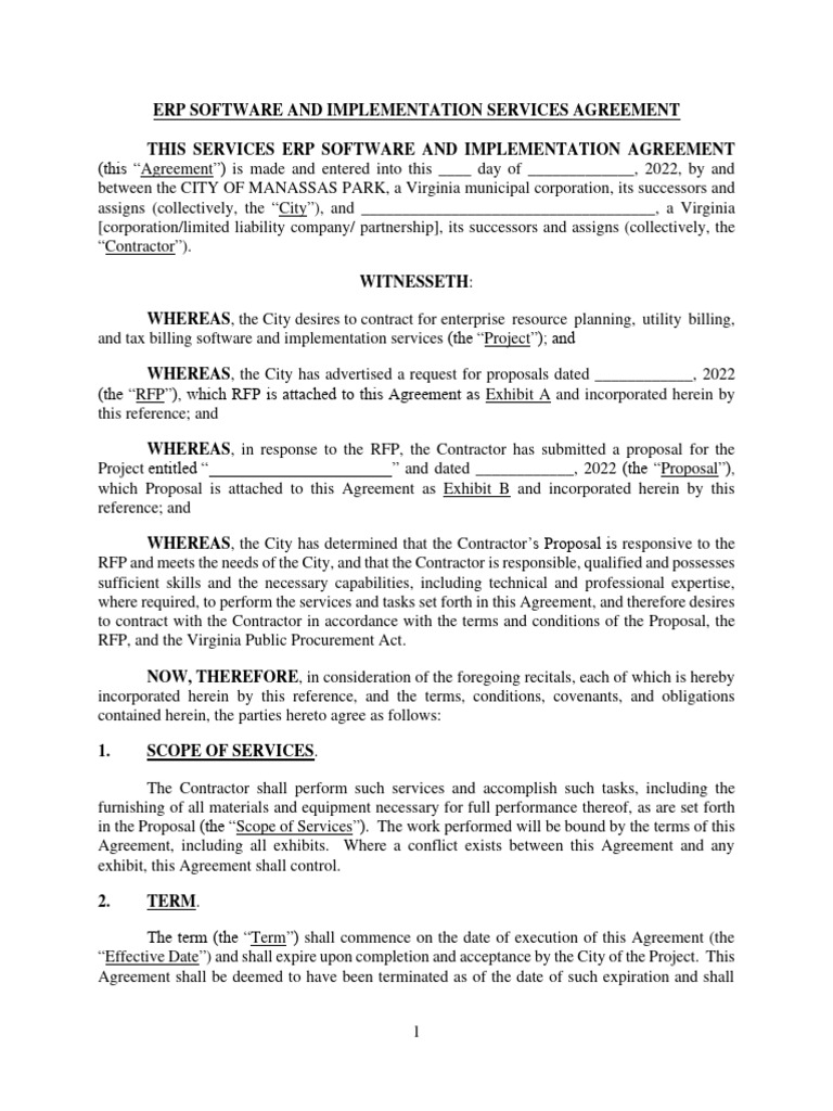 City of Manassas Park ERP RFP - Attachment D - Legal Template | PDF ...