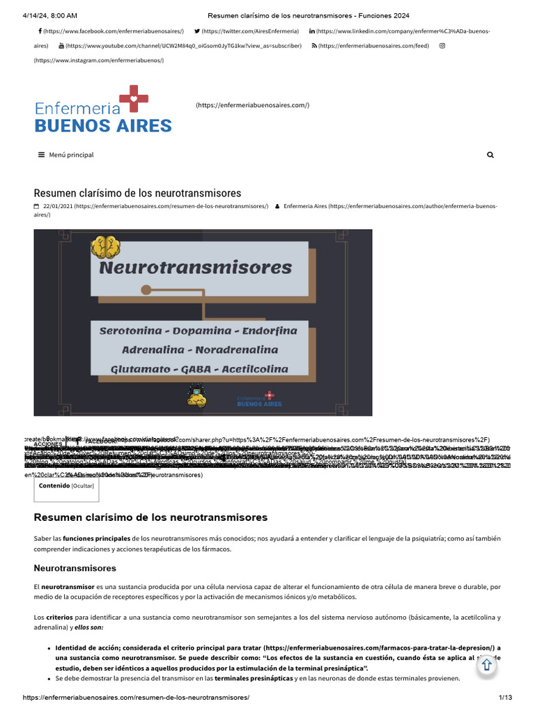 Funciones Clave de Neurotransmisores | PDF | Serotonina | Norepinefrina