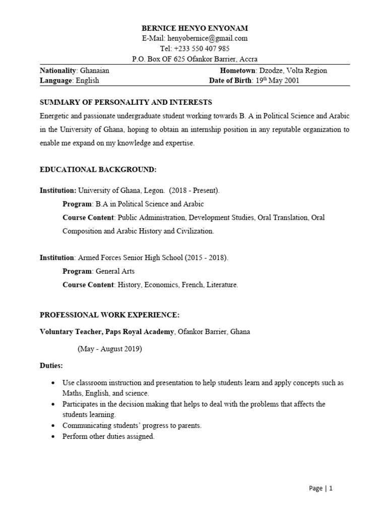 Henyo Bernice CV | PDF | Ghana | Learning