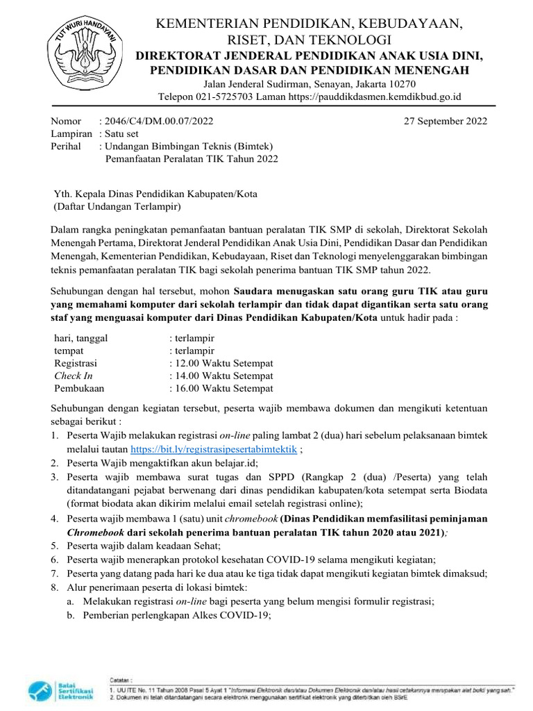 2046-C4-DM.00.07-2022 Und Disdik Bimtek TIK Palu-1 | PDF