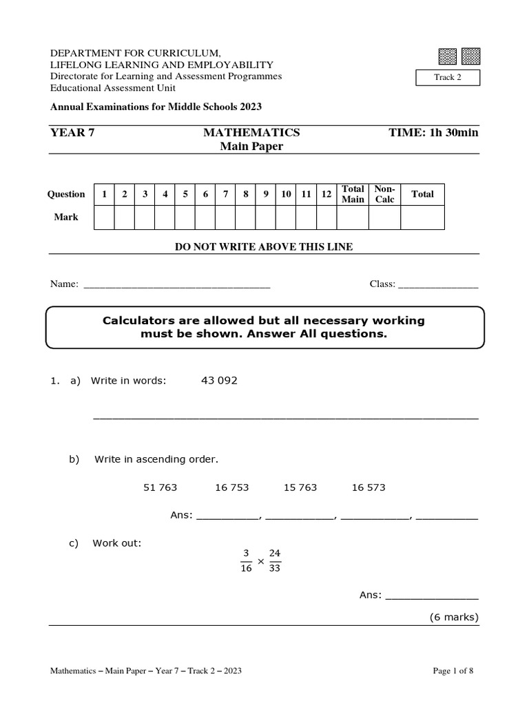 Maths 2023 Year 7 Track 2 Main Paper | PDF | Rectangle | Euclidean Geometry