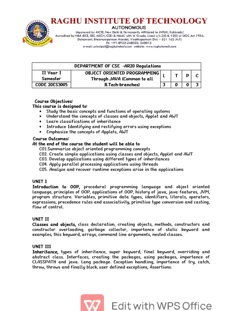 OOPTJ SYLLABUS-1 | PDF | Method (Computer Programming) | Class (Computer Programming)