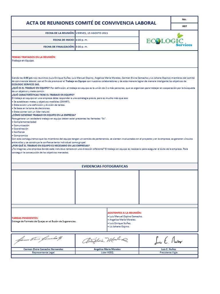 Acta de Reuniones Comité de Convivencia Laboral (Mes Agosto 2021) | PDF | Business | Psicología ...