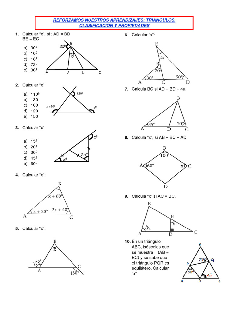 EJERCICIOS DE TRIANGULOS | PDF | Geometría triangular | Geometría Elemental