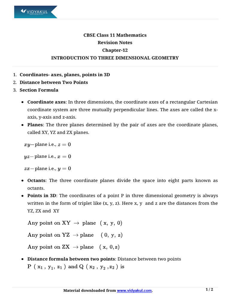 11 Maths Notes 12 Introduction To Three Dimensional Coordinate Geometry ...