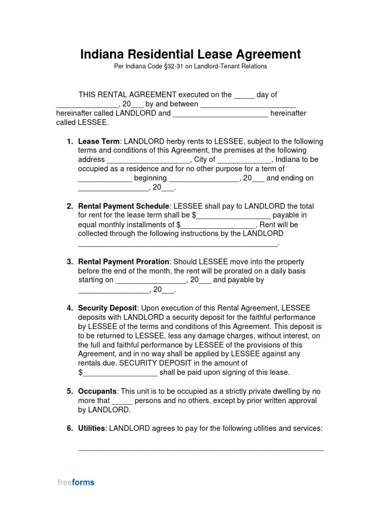 Indiana Residential Lease Agreement | Download Free PDF | Lease | Landlord