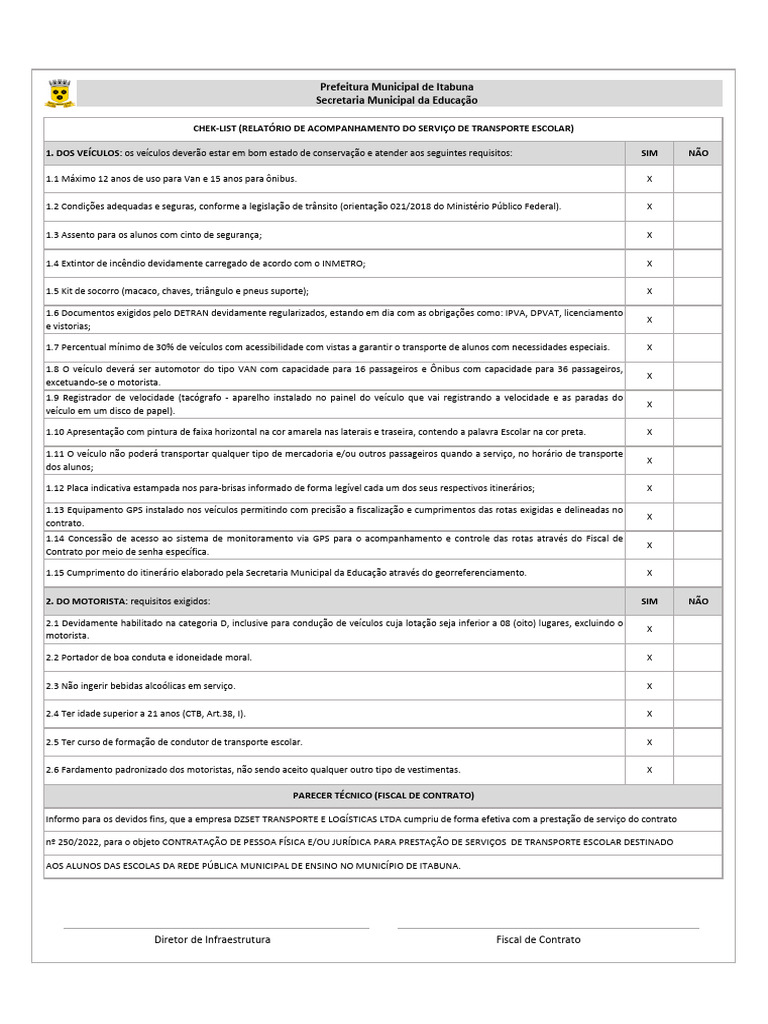 Check List - Transporte Escolar Versão 2 | PDF | Dirigir | Veículos