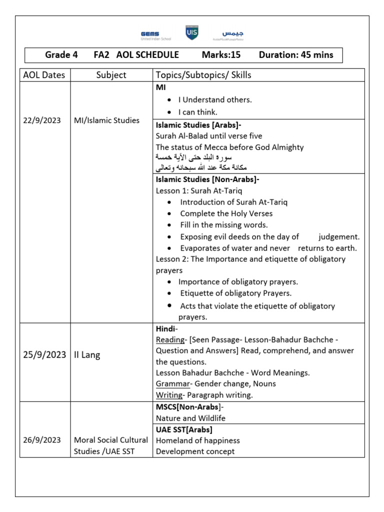 Grade 4 - AOL SCHEDULE | PDF | Multiplication | Reading Comprehension