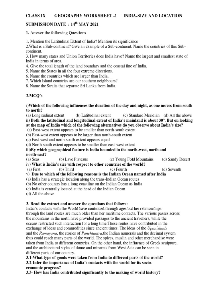 Class Ix Geography Worksheet - 1 India-Size and Location Submission ...