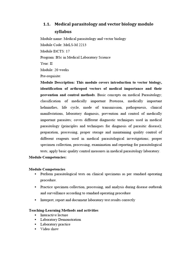 Medical Parasitology and Vector Biology Module Syl - Docxmf | PDF ...