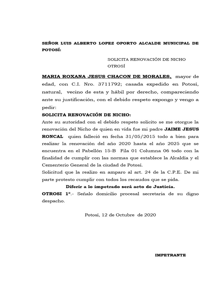 solicitud de renovacion de nicho -MARIA ROXANA | PDF