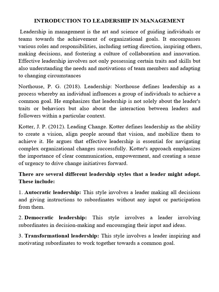 INTRODUCTION TO LEADERSHIP IN MANAGEMENT | PDF | Leadership | Empowerment