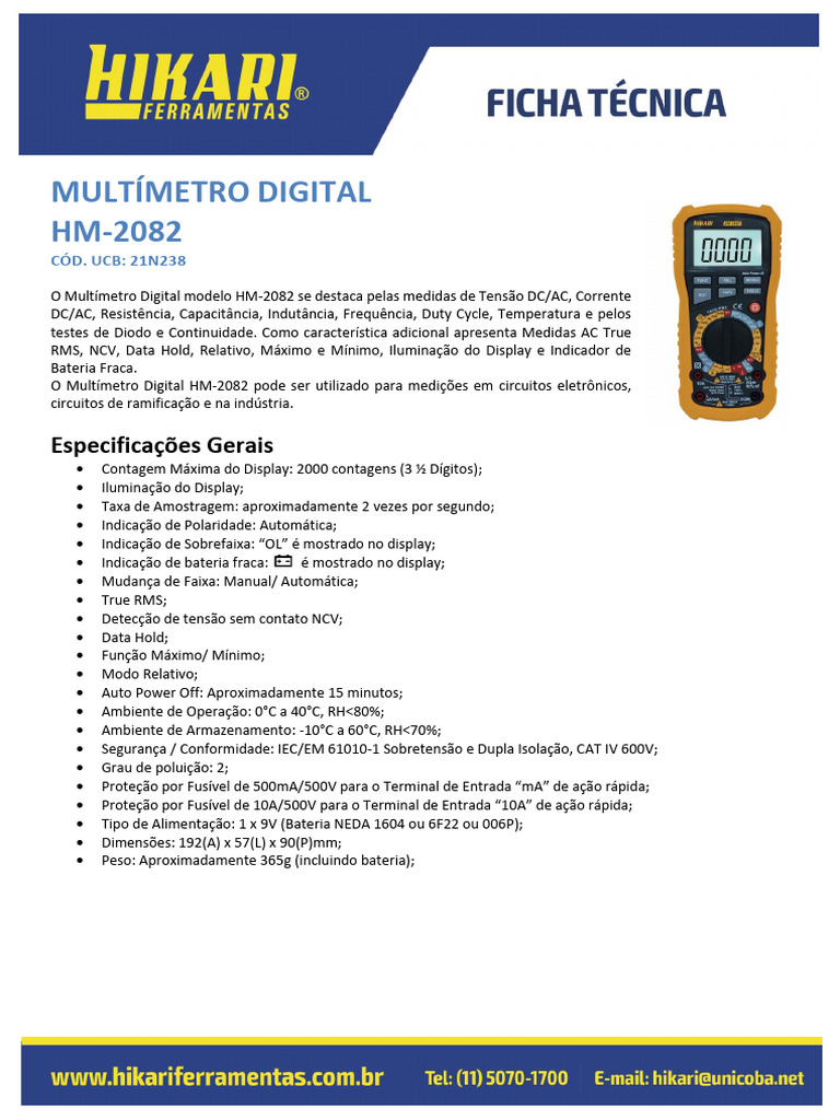 20200207111753-Ficha Tecnica Hikari Multimetro HM-2082 | PDF | Metrologia | Eletrônicos
