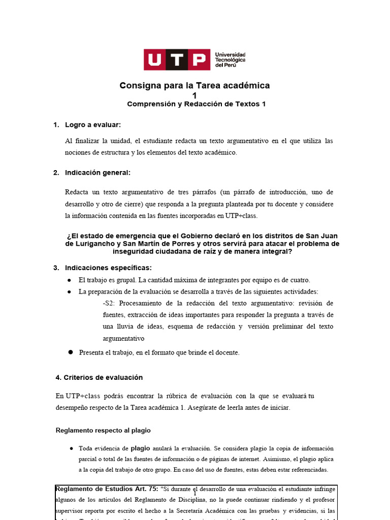 U1 GC - N01I - TA1Consigna - 23C1M-2 | PDF | Evaluación | Plagio