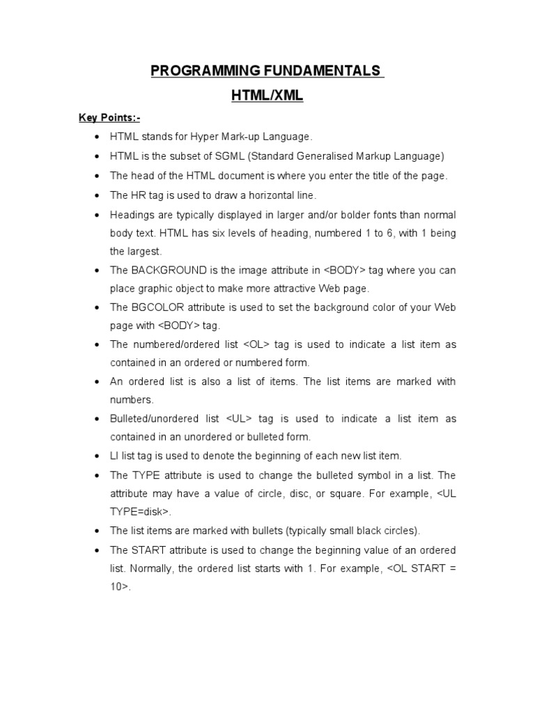 Programming Fundamentals HTML/XML: Key Points | PDF | Html Element | Hyperlink