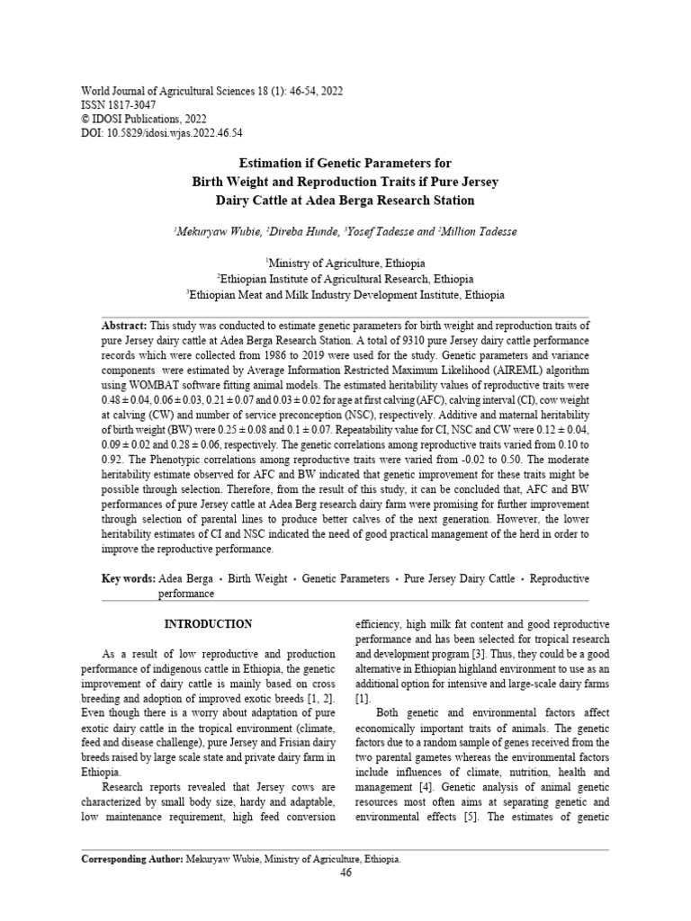 Mekuria Et Al 2022 | PDF | Heritability | Dairy Cattle