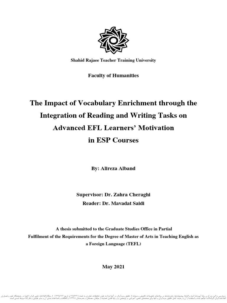 The Impact of Vocabulary Enrichment Through The Integration of Reading and Writing Tasks On ...