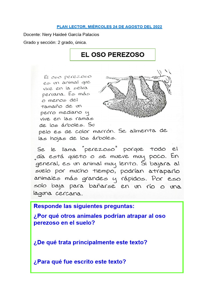 Plan Lector El Oso Perezoso | PDF
