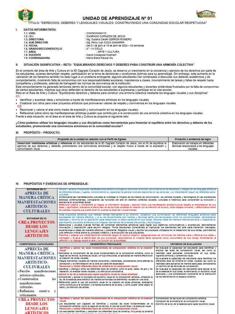 Unidad 1 - Aprendizaje - Arte y Cultura - 4to Abcd - David Cuicapuza Huamaní | PDF | Composición ...