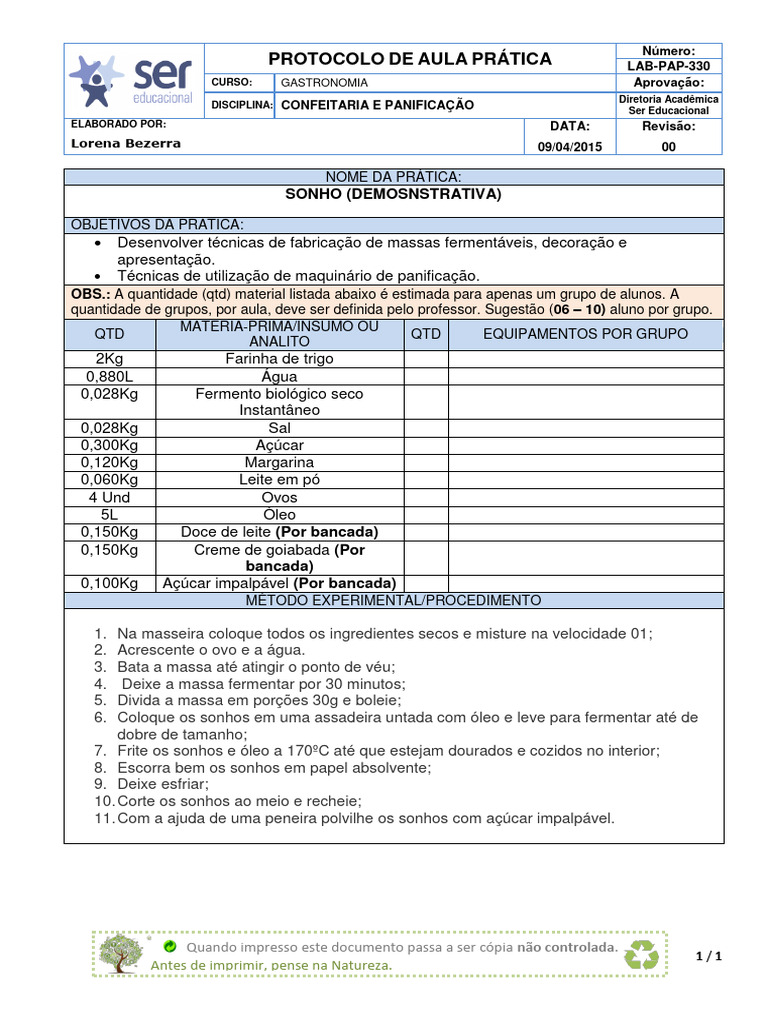 Lab-Pap-330 - Sonho | PDF | Pães | Preparação de alimentos e bebidas