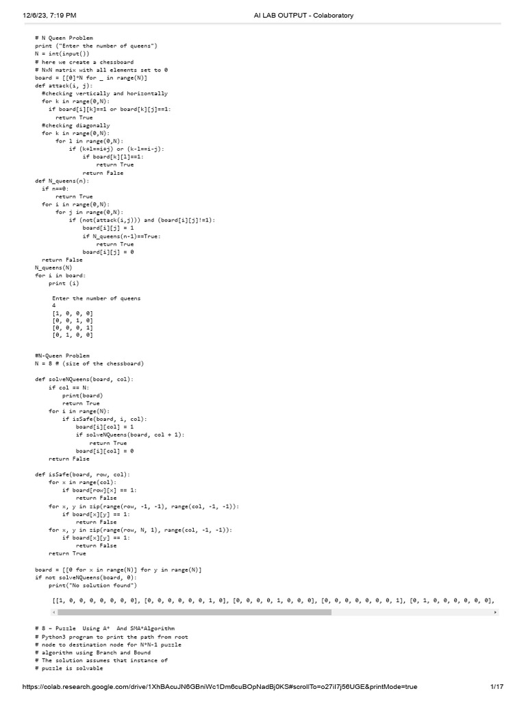 Ai Lab Output Colaboratory Pdf Algorithms And Data Structures Theoretical Computer Science 