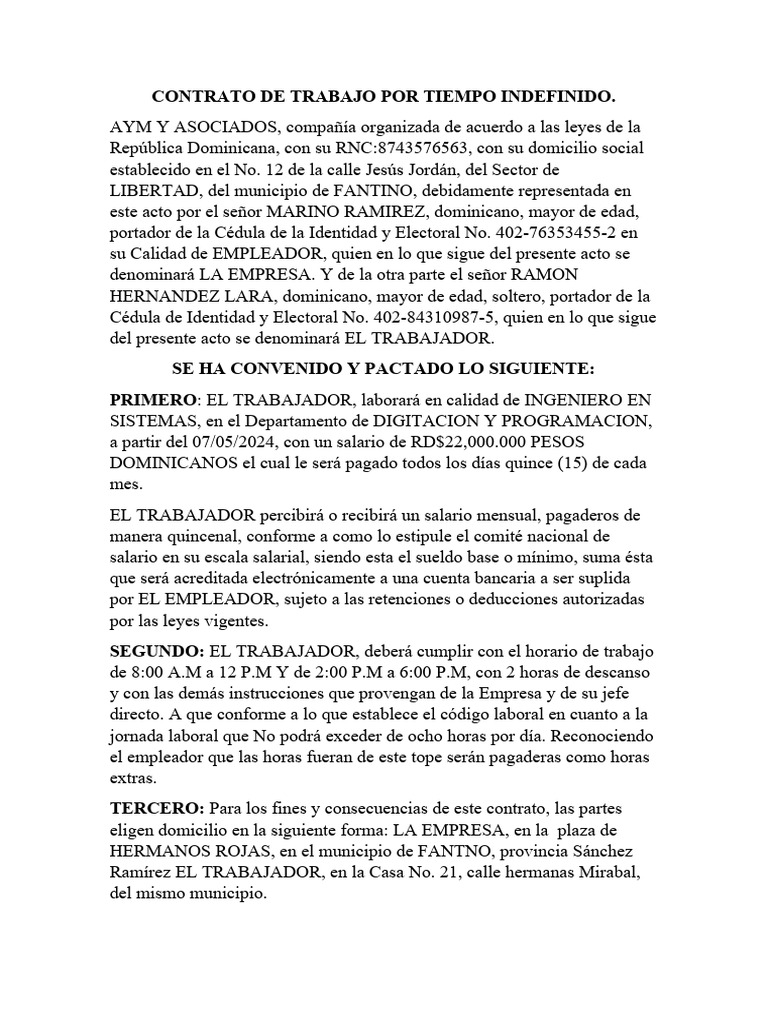 Contrato de Trabajo Por Tiempo Indefinido Derecho Laboral 1 | PDF | Salario | Derecho laboral