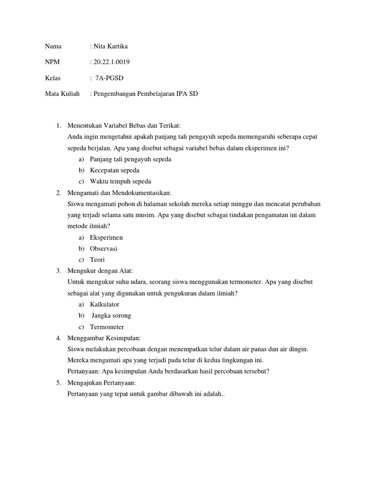 Nita Kartika - 7APGSD - Tugas Soal KPS Pengembangan Pembelajaran IPA | PDF