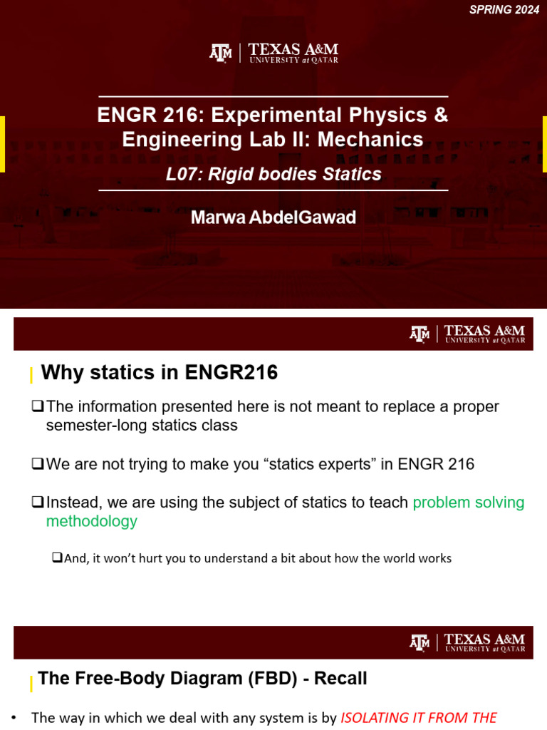 Lecture 7 - Rigid Bodies Statics | PDF | Force | Torque