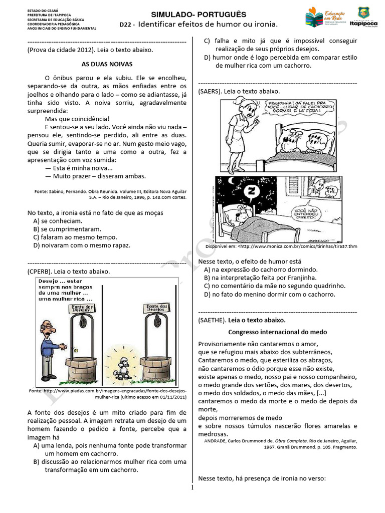 Simulado -D22 - Reconhecer Efeitos de Humor e de Ironia | PDF | Cães