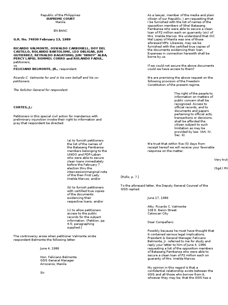 Ricardo C. Valmonte For and in His Own Behalf and His Co-Petitioners. The Solicitor General For ...