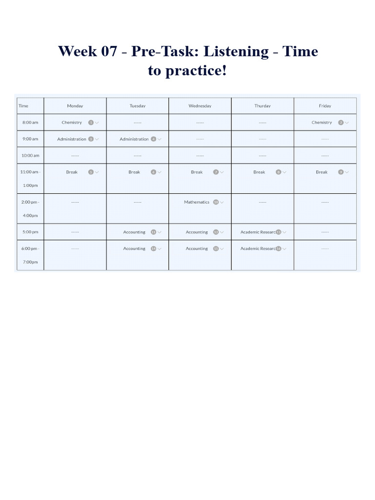 INGLES III Week 07 Pre Task Listening Time To Practice | PDF