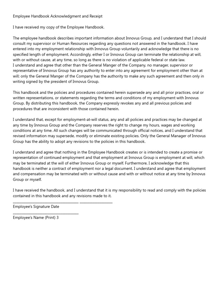 Employee Handbook Acknowledgment and Receipt v2 | PDF | Employment ...