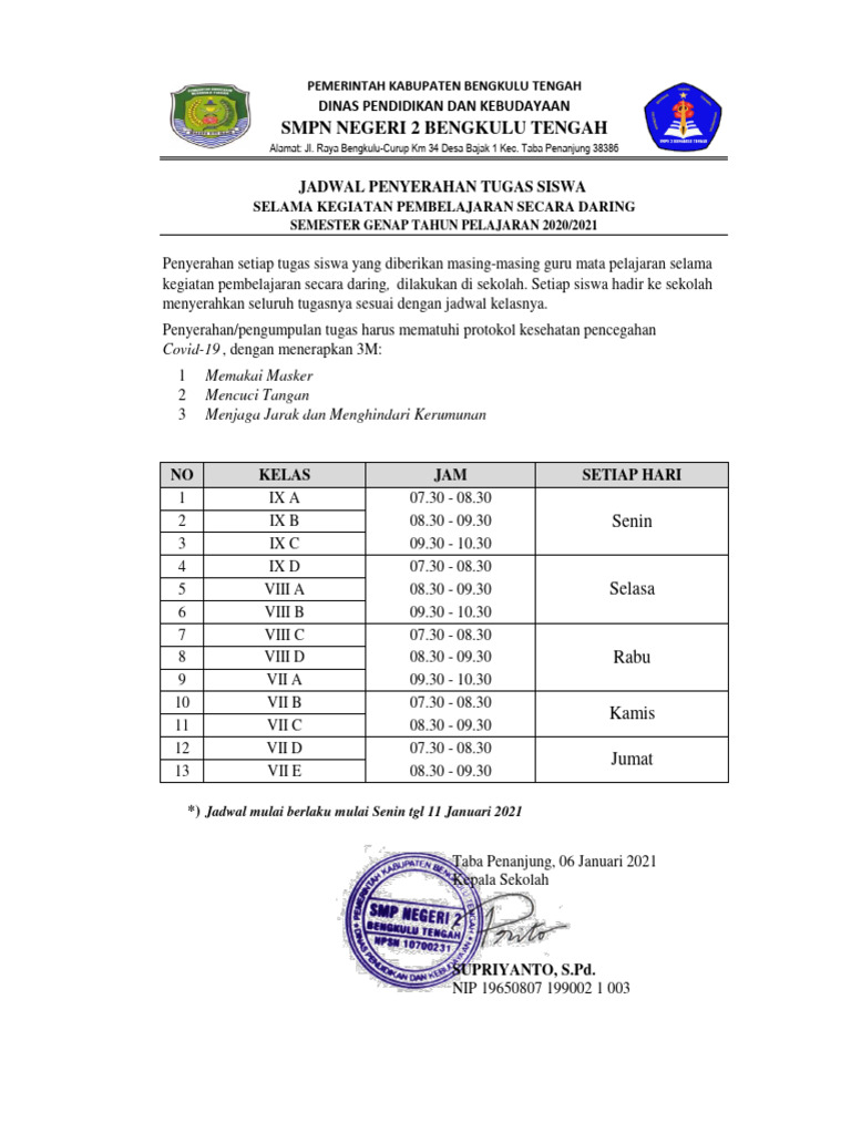 Jadwal Pengumpulan Tugas Genap 2020-2021 | PDF
