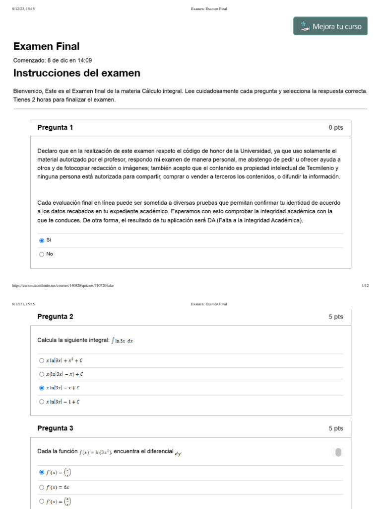 Examen - Examen Final MM | PDF | Integral