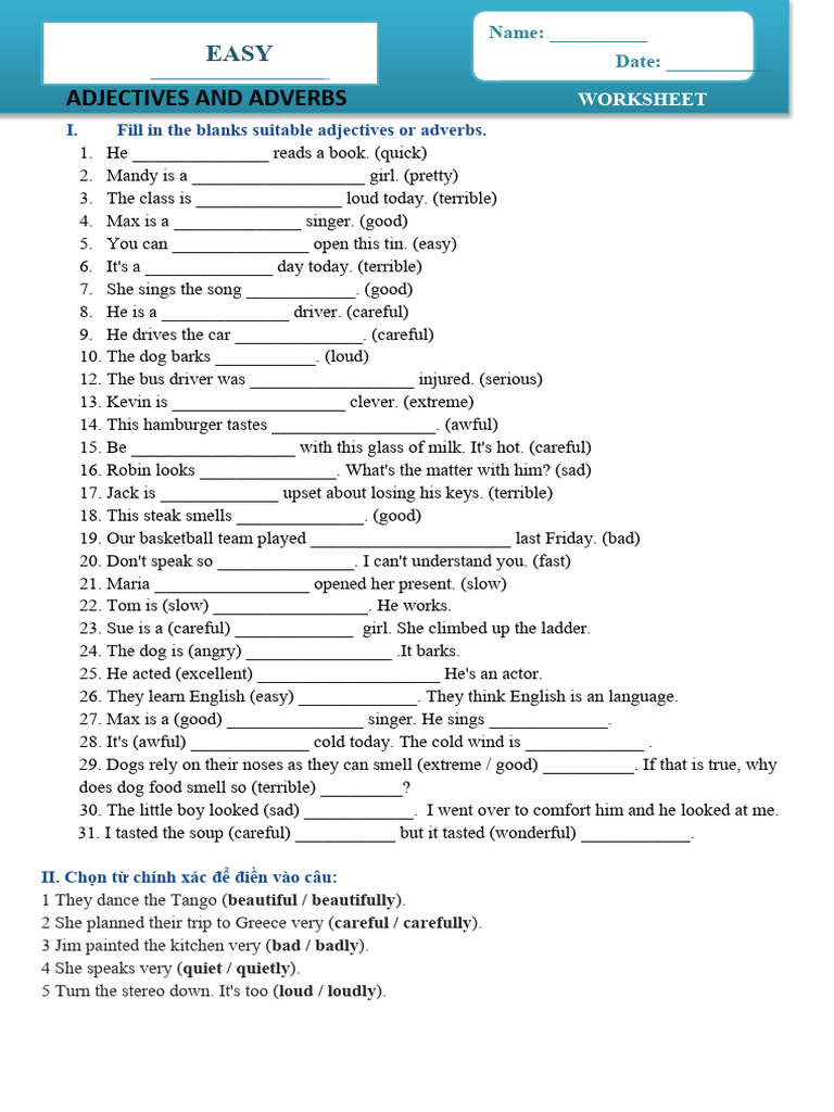 Adjectives and Adverbs Worksheet | PDF | Adverb