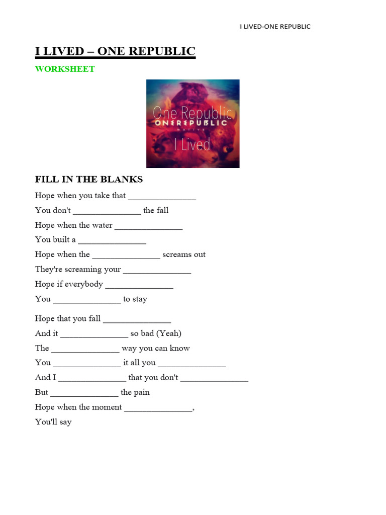 I Lived Song by One Republic Worksheet Templates Layouts - 133301 | PDF