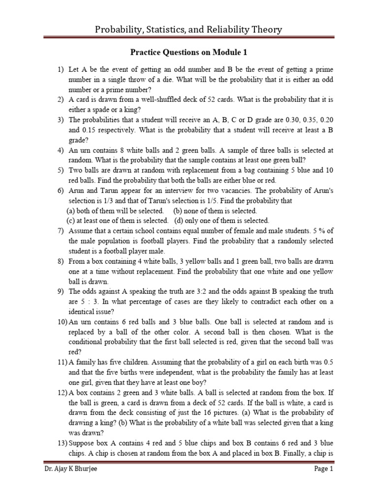 Practice Questions On Module 1 | PDF | Probability | Odds