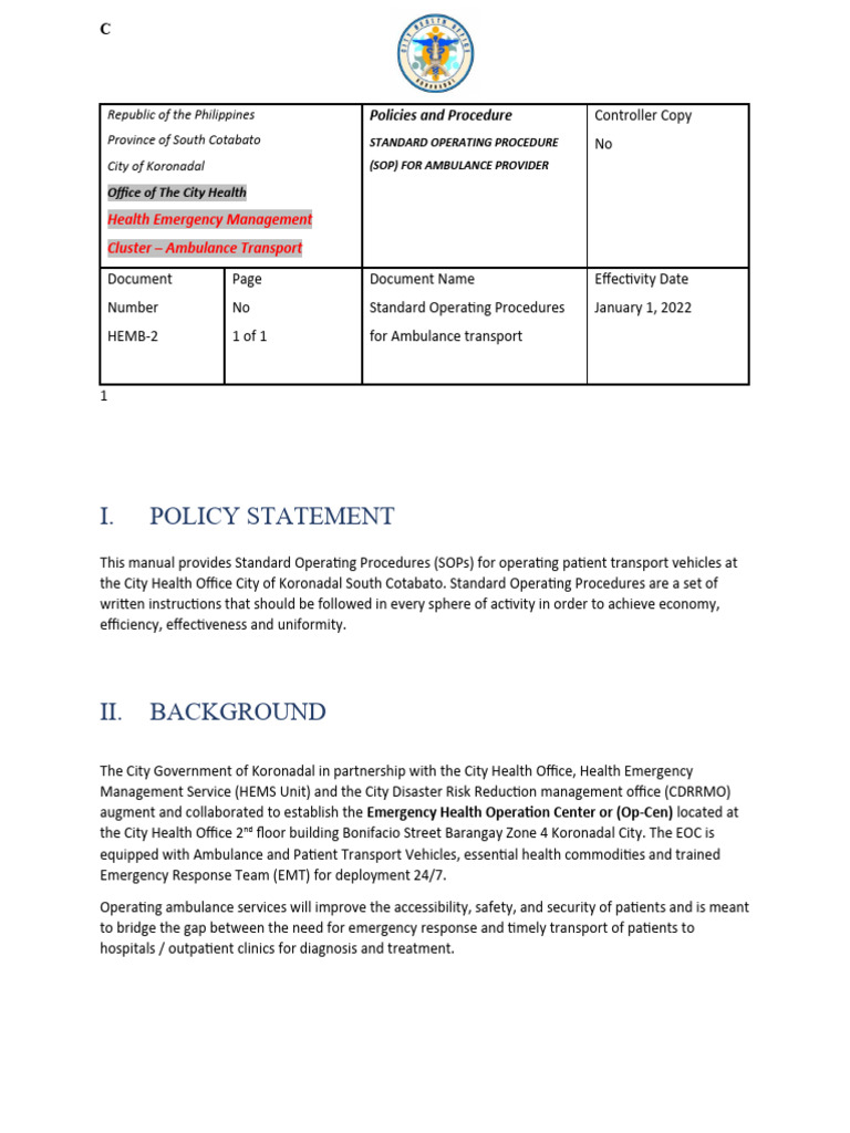 Ambulance Transport SOP for Koronadal | PDF | Ambulance | Emergency ...