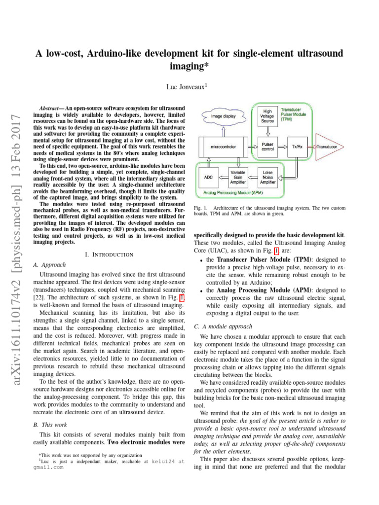 A Low Cost Arduino Like Development Kit For Single Element Ultrasound Imaging Arxiv161110174