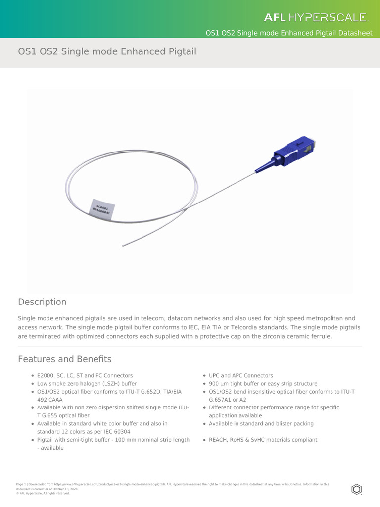 Os1 Os2 Single Mode Enhanced Pigtail | PDF | Optical Fiber | Telecommunications
